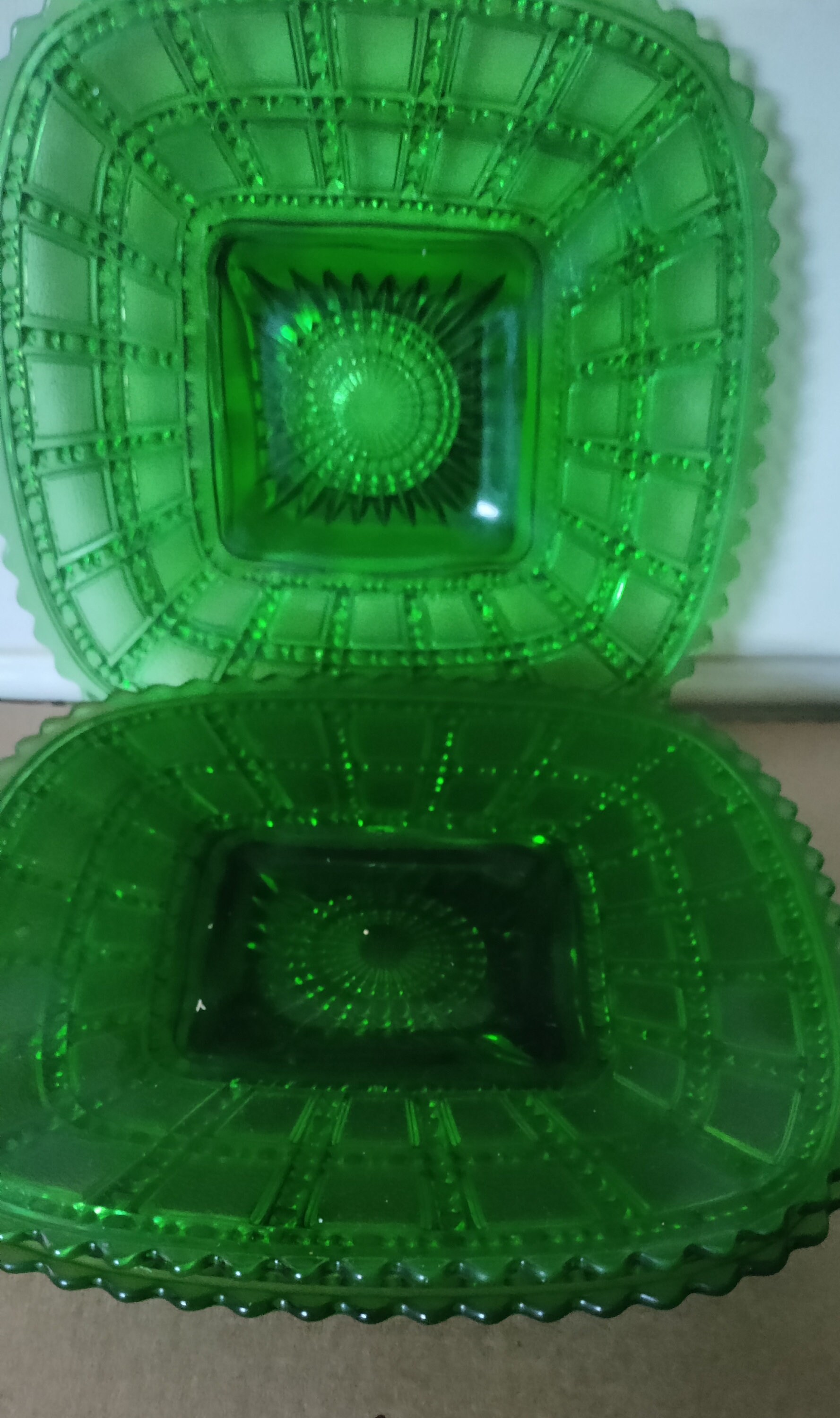 Imperial Beaded Block Green Depression Glass 8 Square Luncheon Plates ...