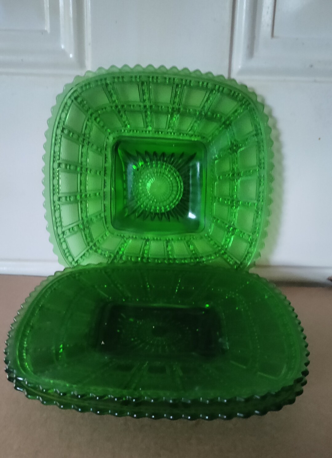 Imperial Beaded Block Green Depression Glass 8 Square Luncheon Plates ...