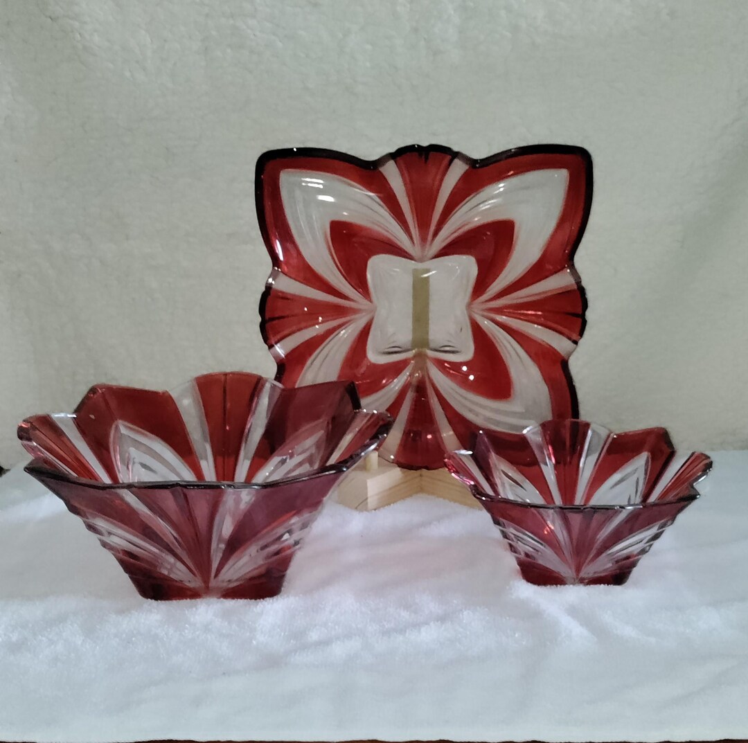 SOGA Made in Japan 3 Piece Heavy Cut Crystal Ruby Red Pressed Art Glass ...