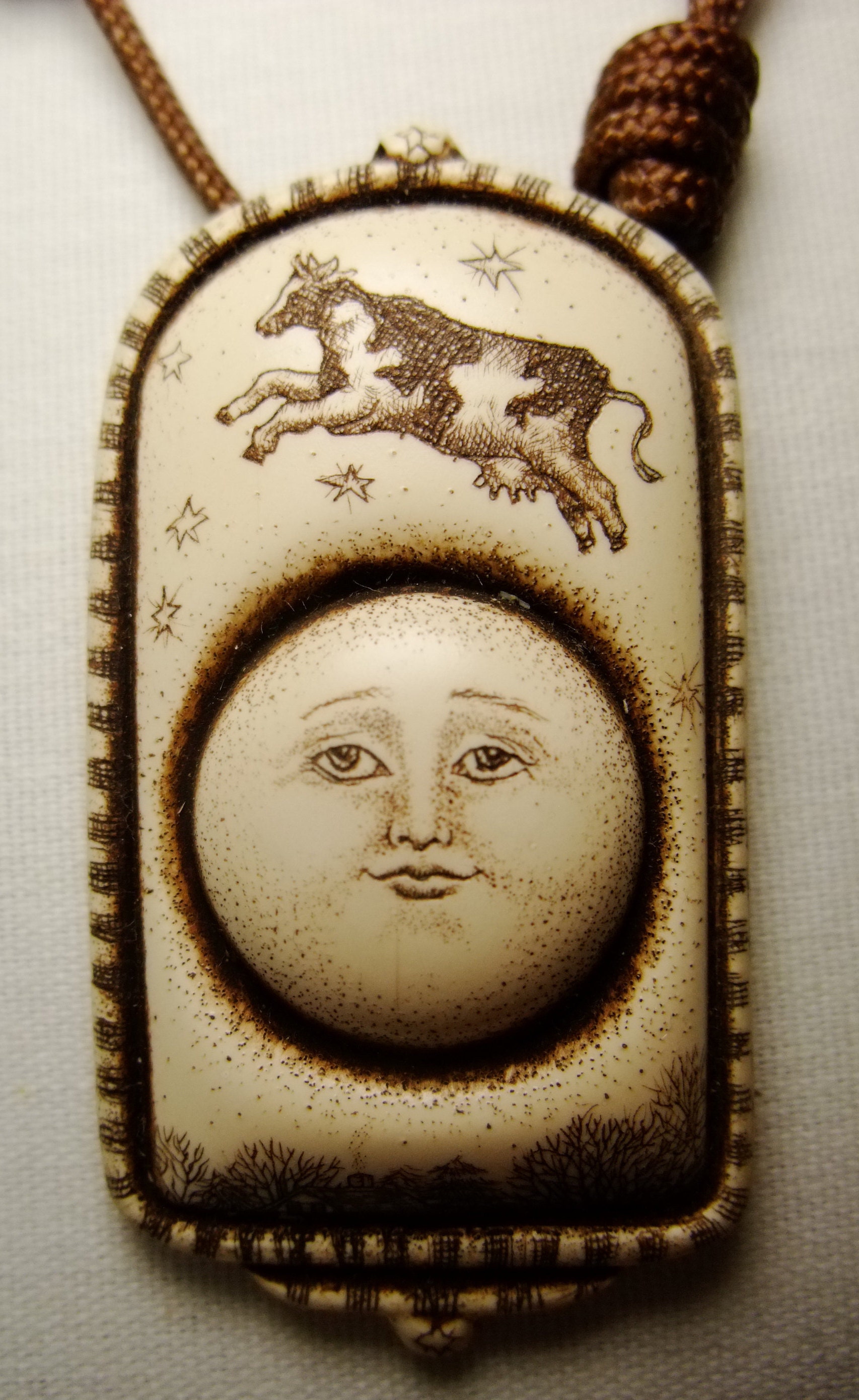 Cow Jumping Over the Moon Pendant Brooch Pin Scrimshaw Technique by ...