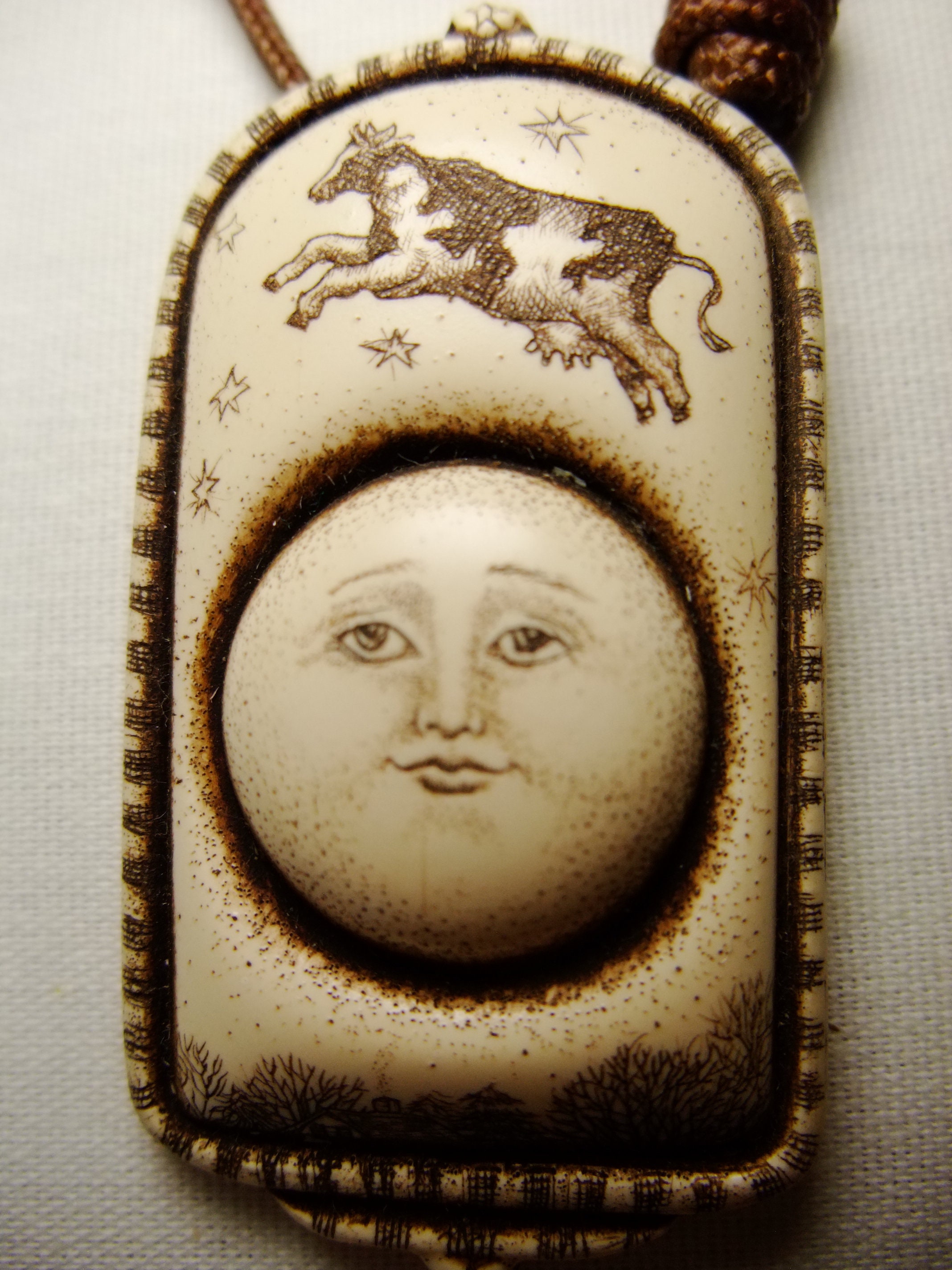 Cow Jumping Over the Moon Pendant Brooch Pin Scrimshaw Technique by ...