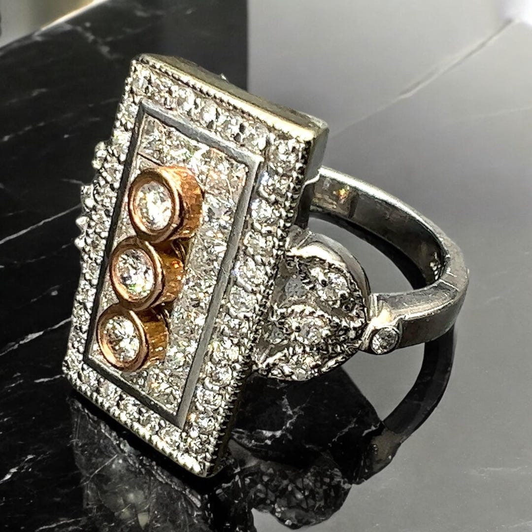 14k W/g Diamond Rectangular Shape Ring With 3 Rose Gold Diamond Bezels ...