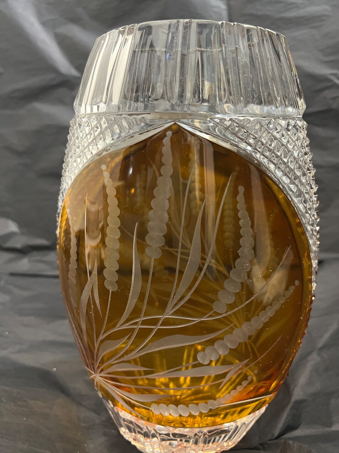Rare Bohemian 24% Lead Crystal Amber Vase Oval Hand Cut in Poland Cut ...