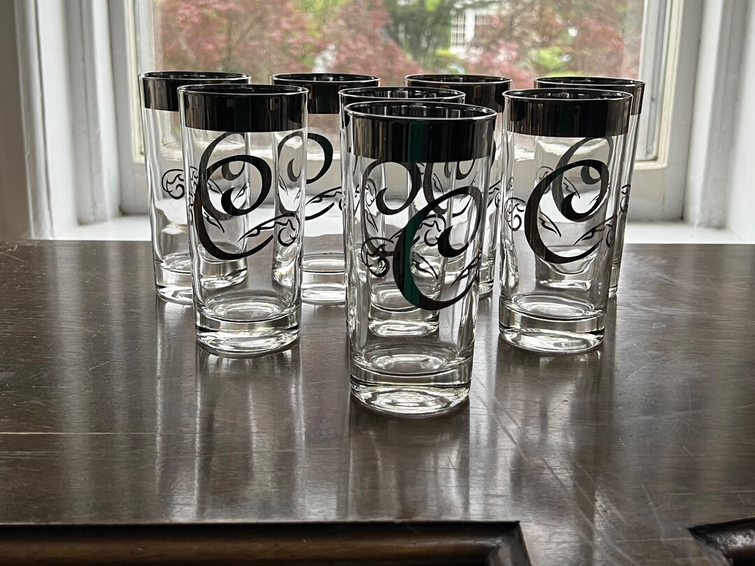 8 Mid Century Modern Platinum SILVER Trim Monogram C Collins Tumbler ...