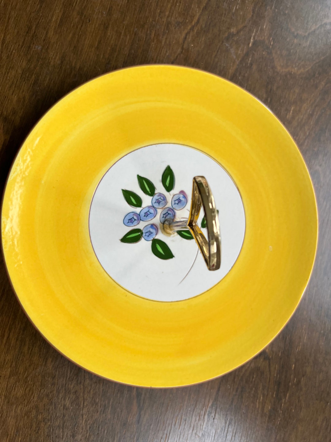 Vtg Stangl Pottery Blueberry Pattern Yellow Band Tidbit Tray Plate With ...
