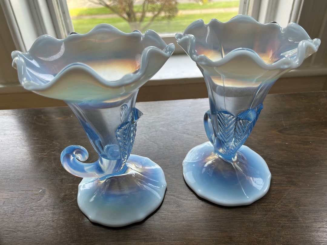 Set of (2) Two Blue Opaline Glass Cornucopias Modern Art Glass - Etsy