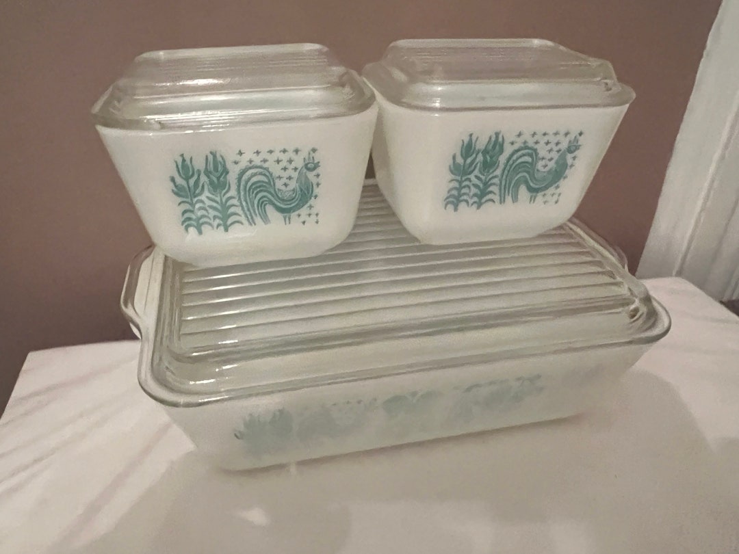 Vintage Pyrex Turquoise AMISH BUTTERPRINT Refrigerator Dish Set & Lids ...