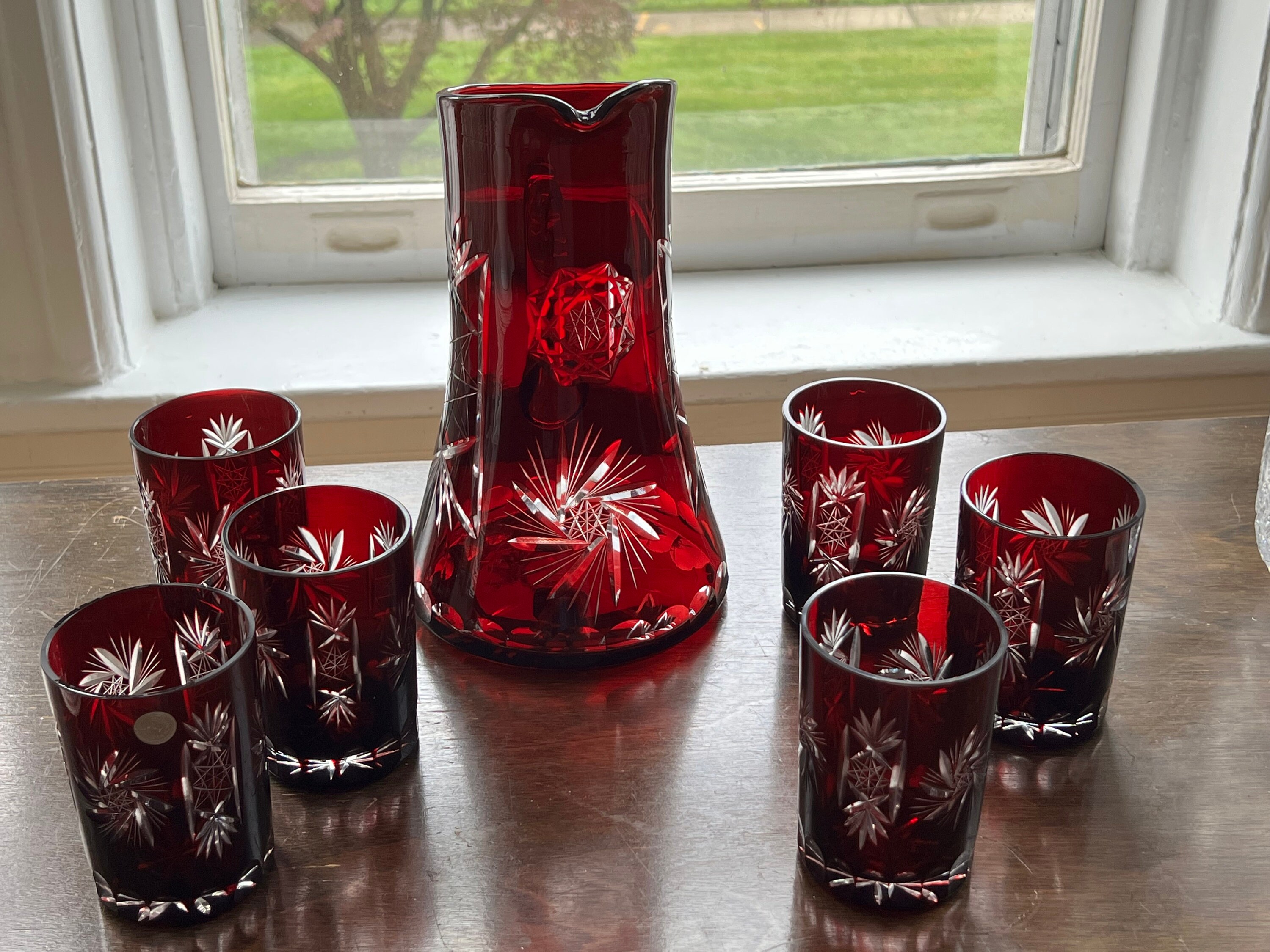 Romanian Bohemian Ruby Red Cut to Clear Large Pitcher and Six - Etsy UK