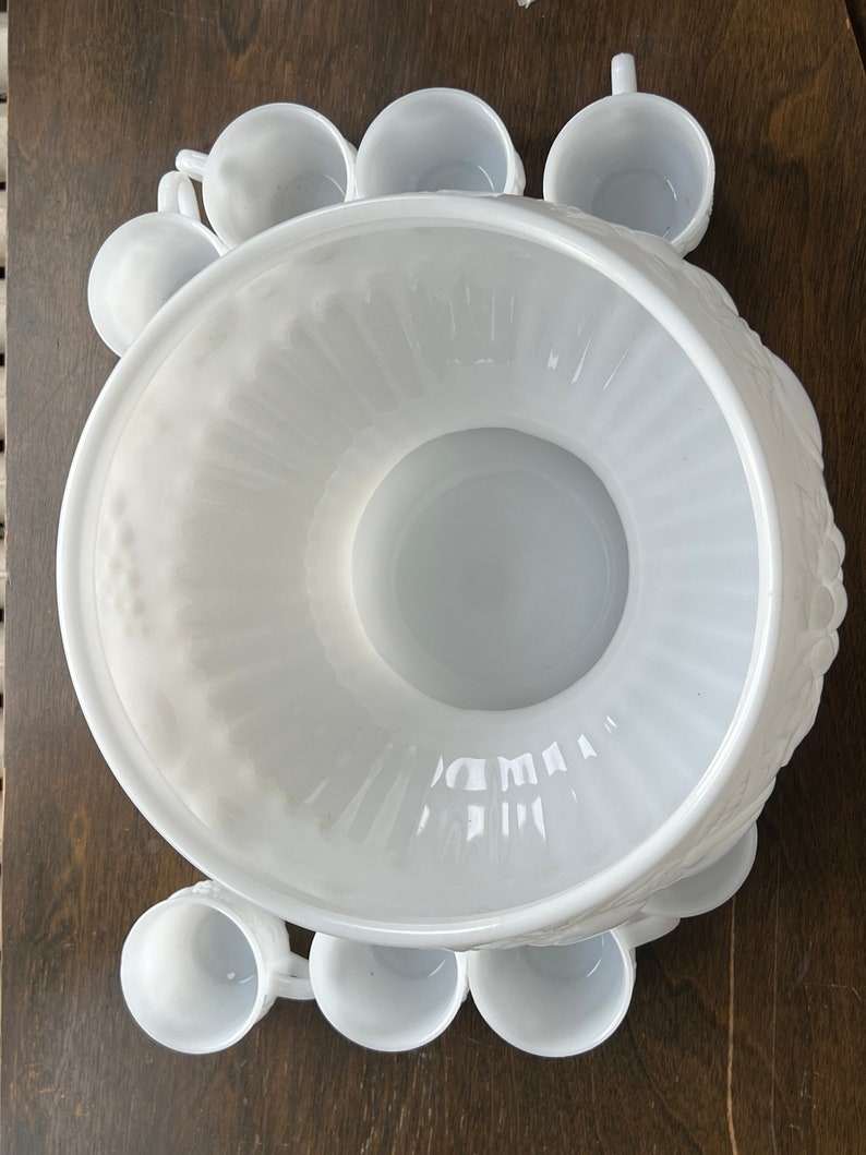 Vintage Fruit Translucent Milk Glass Punch Bowl and Cups Set, Jeannette ...