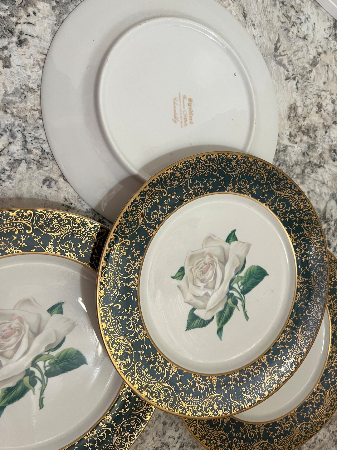 STRADFORD China Chantilly Dark Green Filigree Border Set of 4 Dessert ...