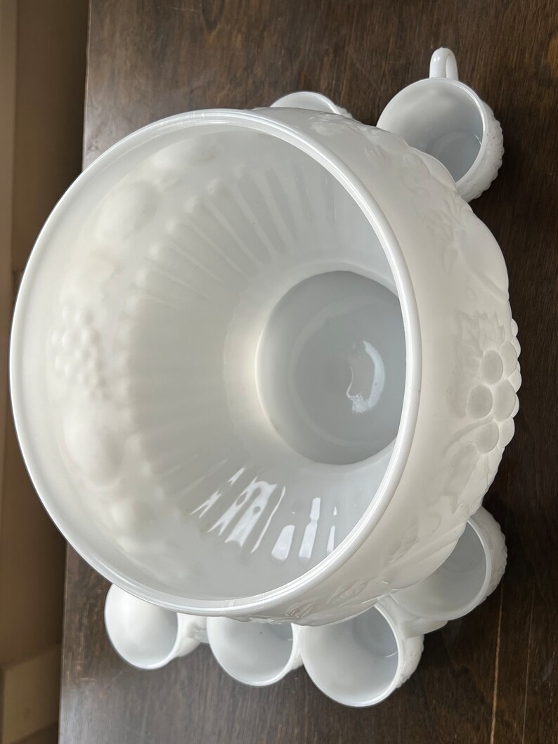 Vintage Fruit Translucent Milk Glass Punch Bowl and Cups Set, Jeannette ...