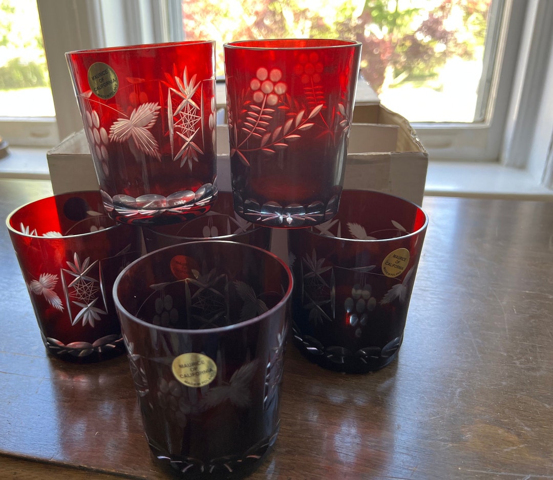 Set of 6 Low Ball Ruby Red Rock Glasses Cut to Clear Made in Poland New ...