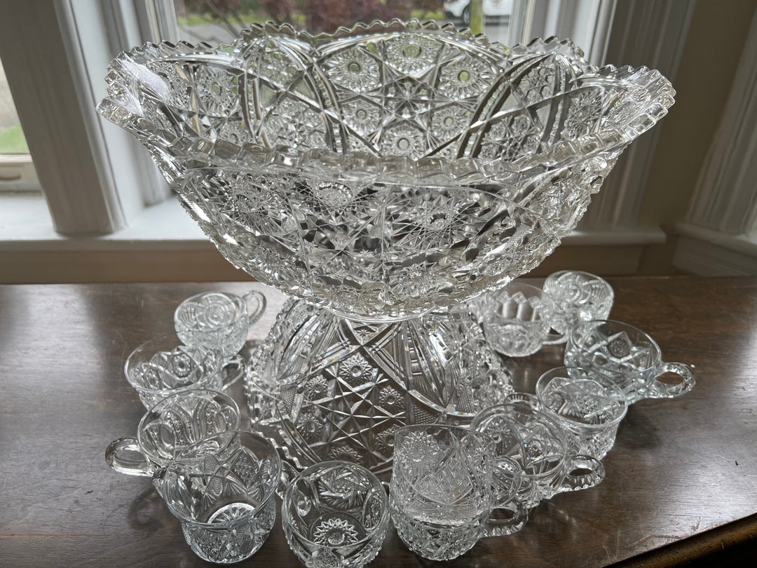 Vintage Large Cut Glass Flared Punch Bowl Set With Base / Bowl and 12 ...