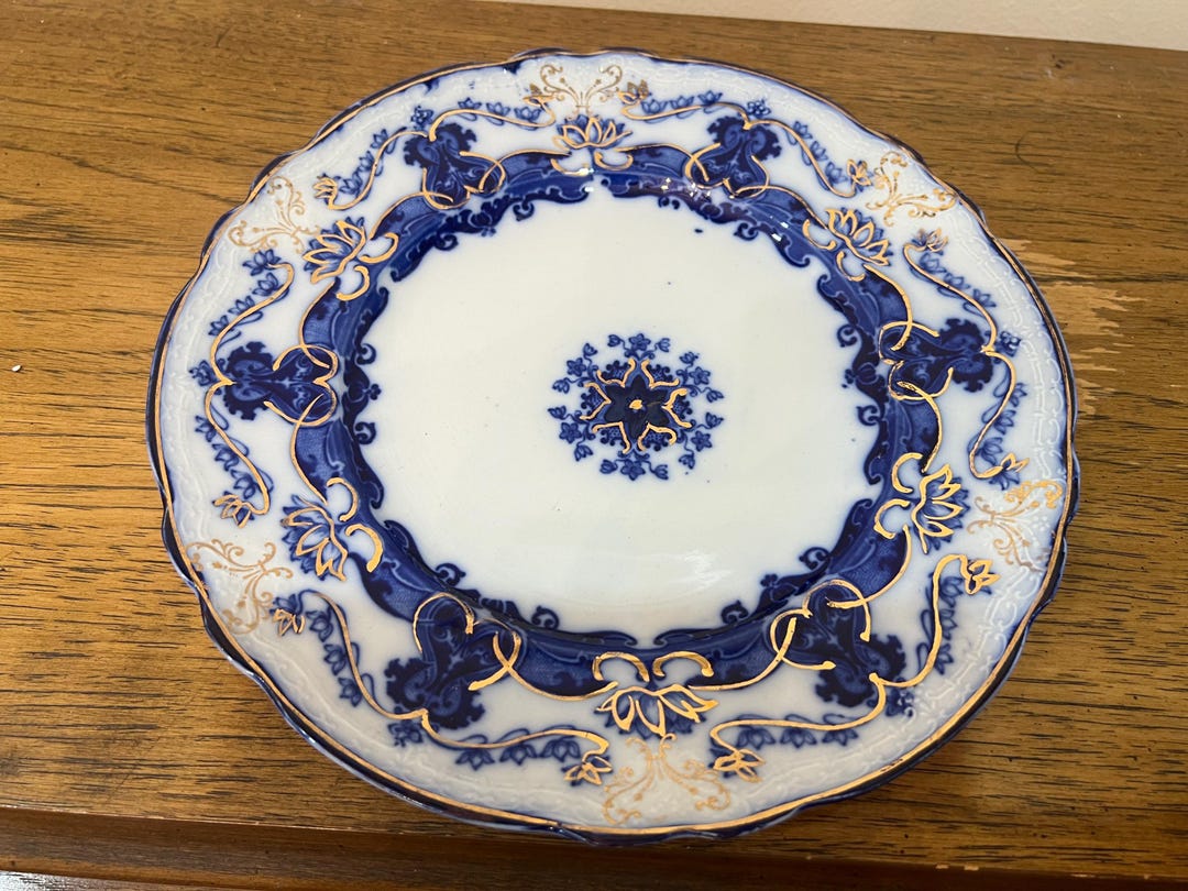 Upper HANLEY POTTERY "elgar" Flow Blue Gold Trim Dinner Plate England ...