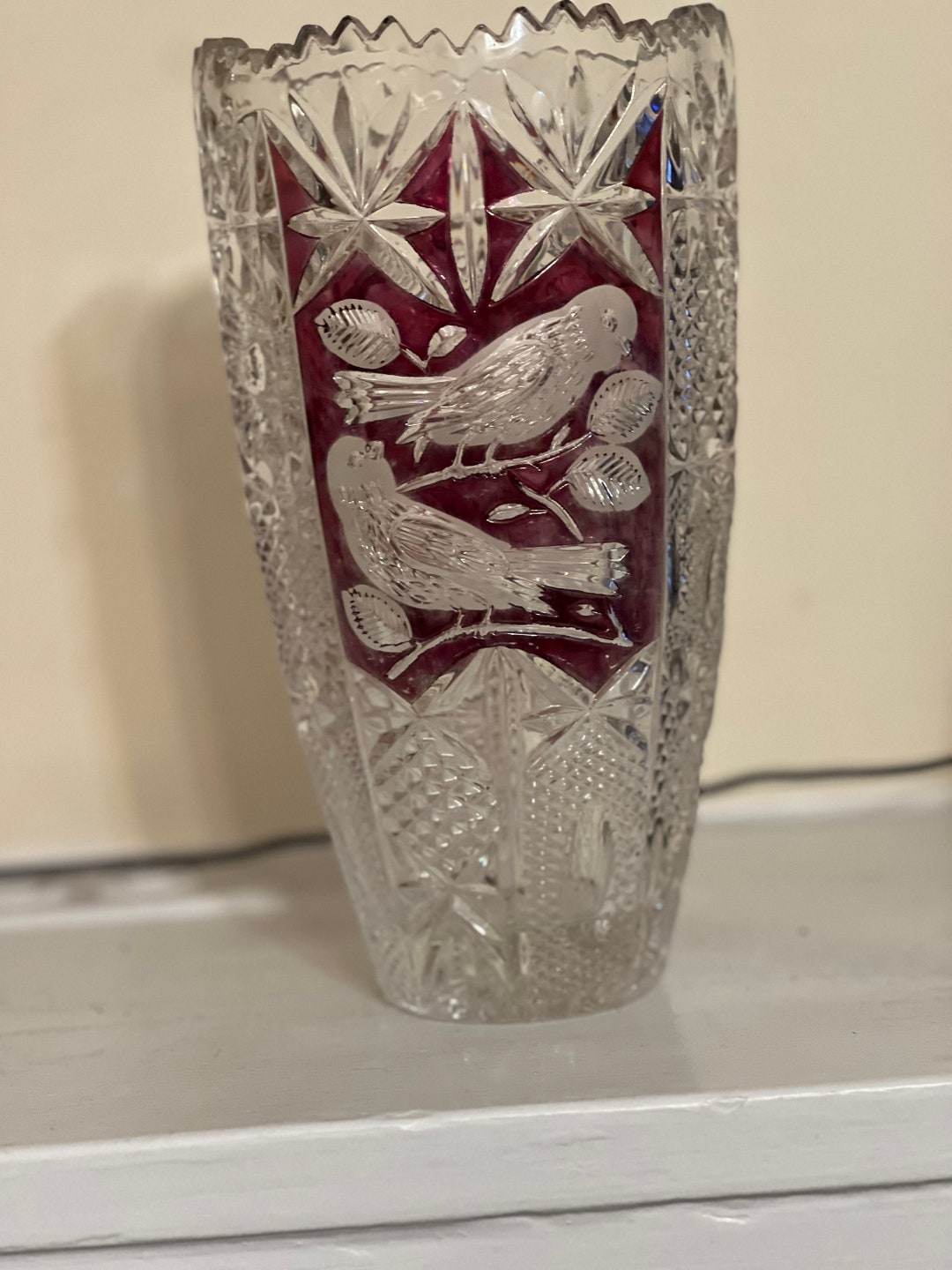 Hofbauer German Cut Crystal Ruby Red Bird Pattern Vase With - Etsy