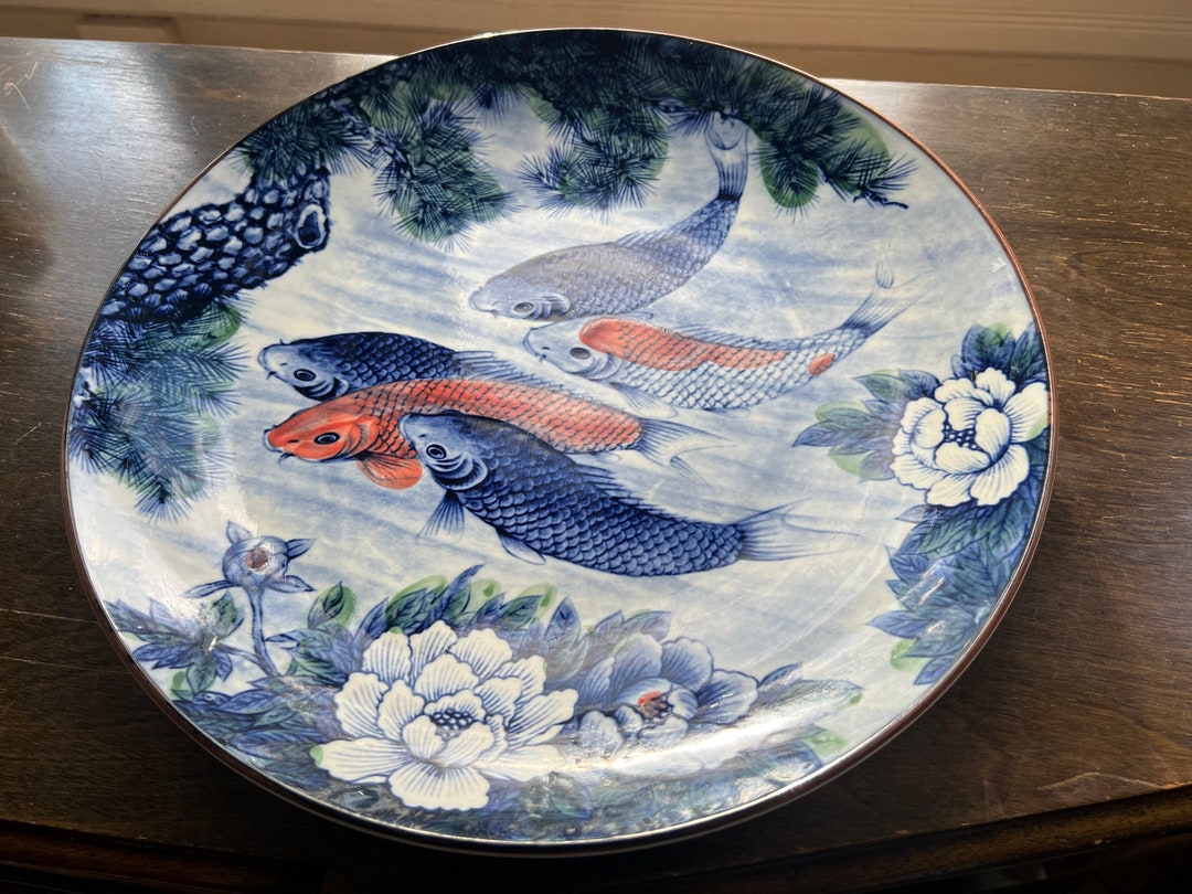 Vintage Japanese Koi Fish Platter / Carp / Large Shallow Bowl Fish With ...