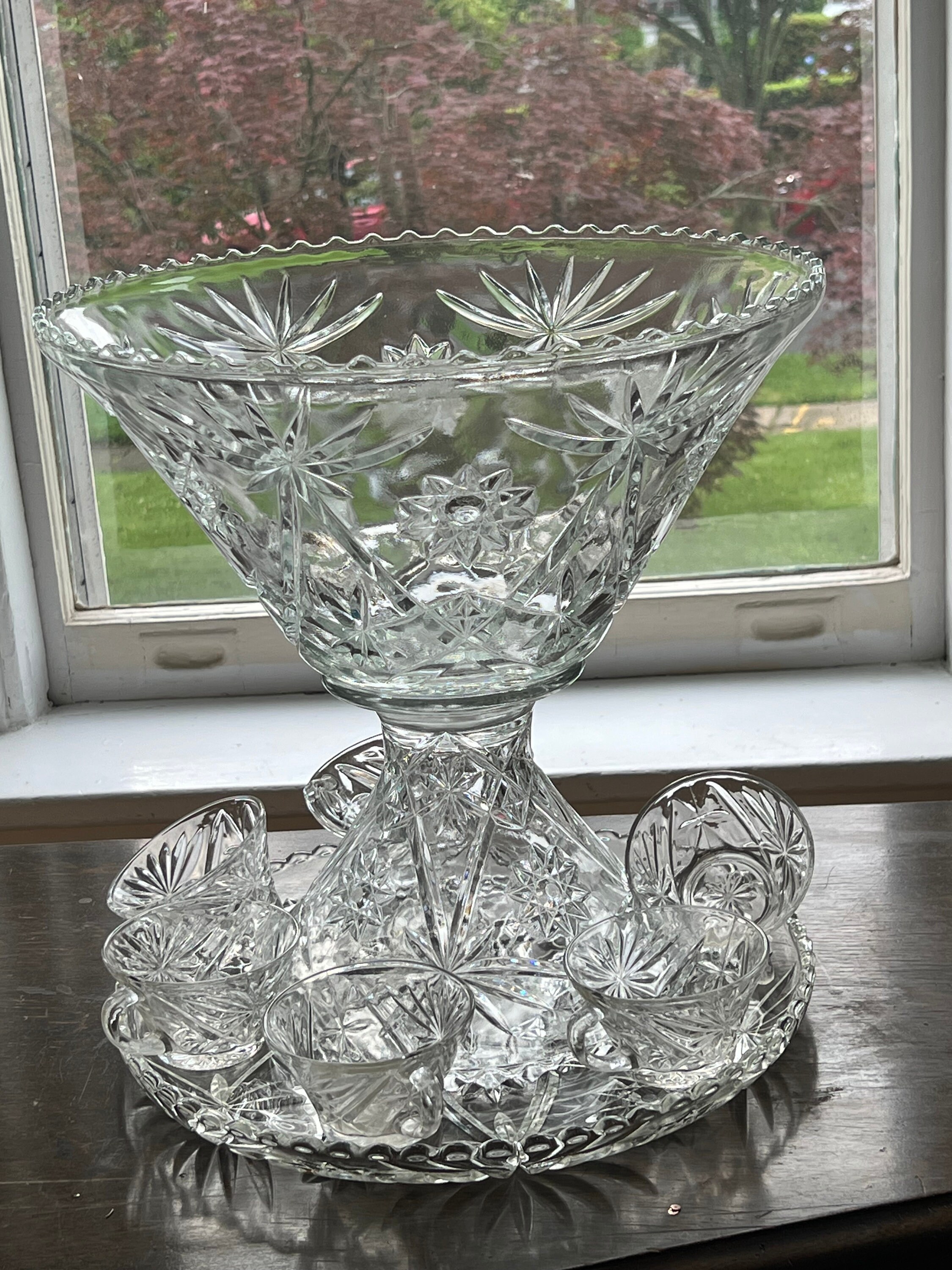 Anchor Hocking Prescut Clear Punch Bowl Set Bowl Underplate and 8 Glasses Etsy
