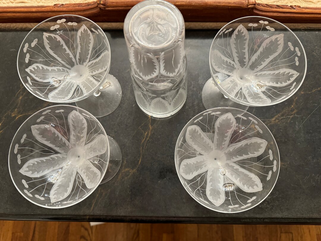 Vintage MMA Glass Decanter With Cup Cover and 4 Glasses Frosted Floral ...