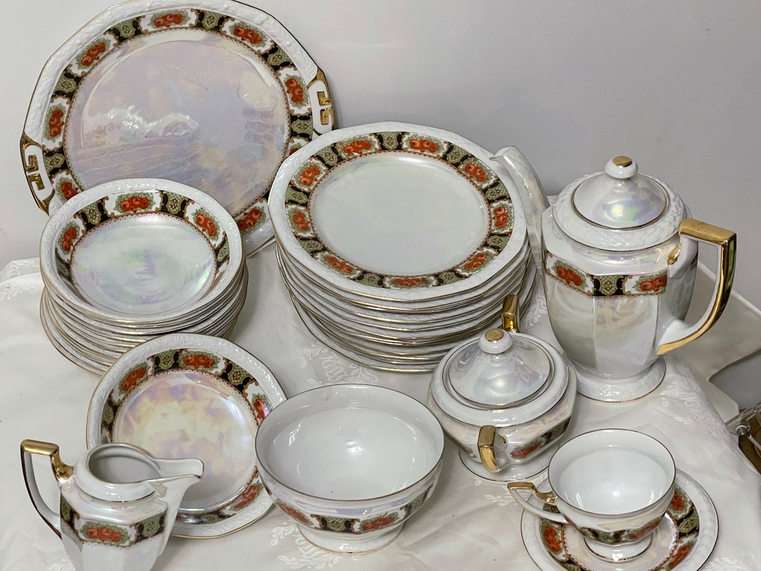 Vintage P.A.L.T Mepoco Opalescent Czech Dessert Set. Service for 12 53 ...