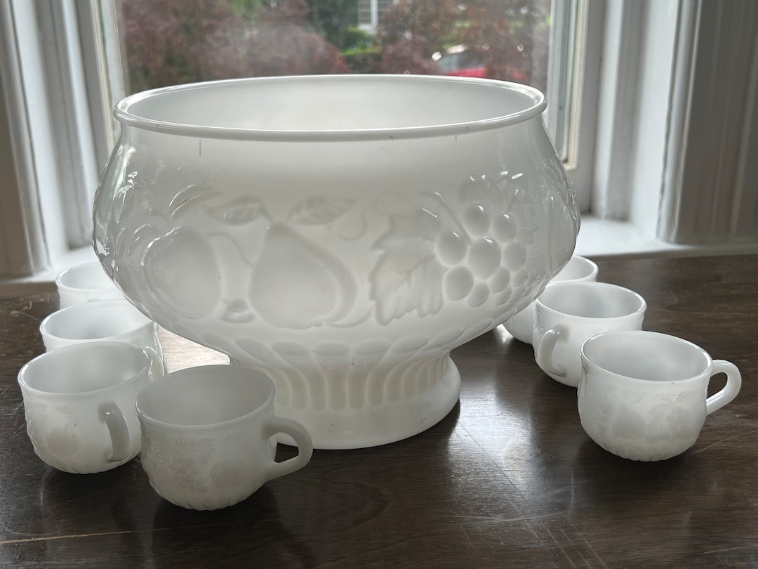 Vintage Fruit Translucent Milk Glass Punch Bowl and Cups Set, Jeannette ...