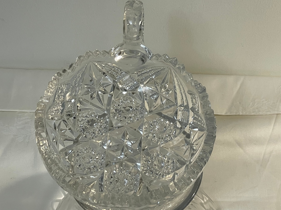 Vintage ABP Cut Crystal One Handled Nappy Candy Dish Server Hobstars ...