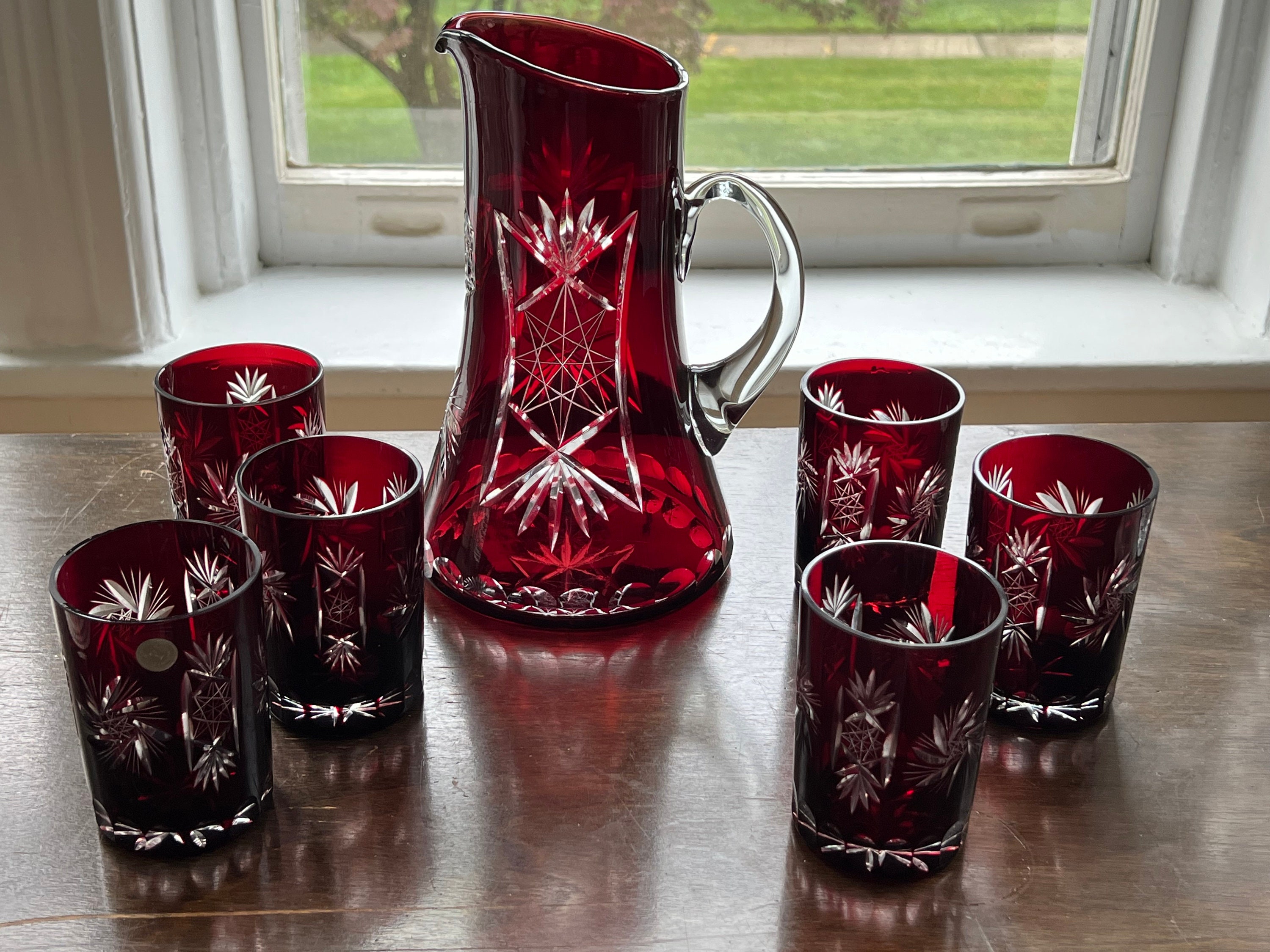 Romanian Bohemian Ruby Red Cut to Clear Large Pitcher and Six - Etsy UK