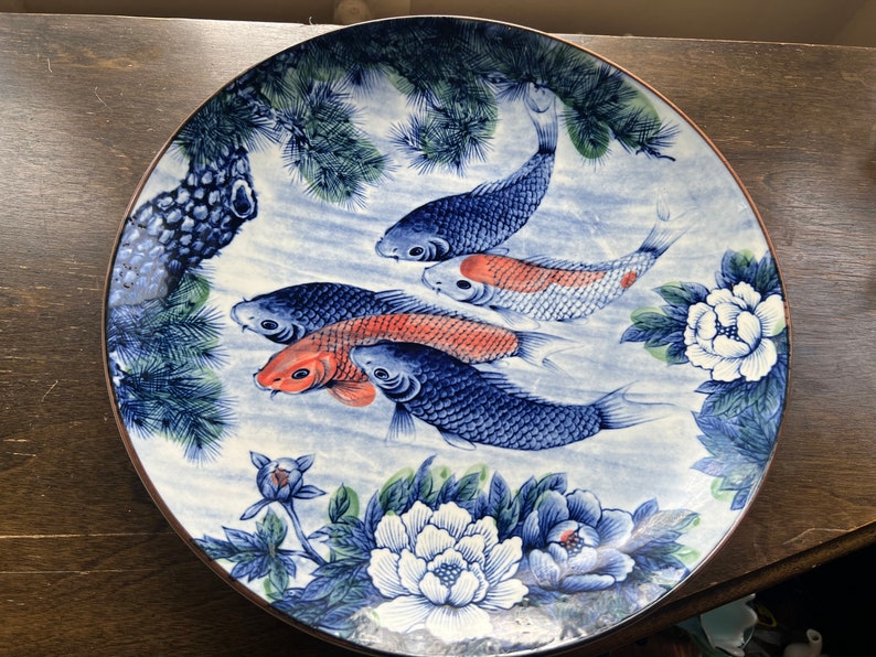Vintage Japanese Koi Fish Platter: Lotus Flower Shallow Bowl (16.25 ...