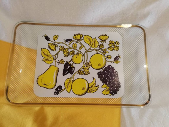 Vintage rectangular glass tray with fruit motif and gold | Etsy