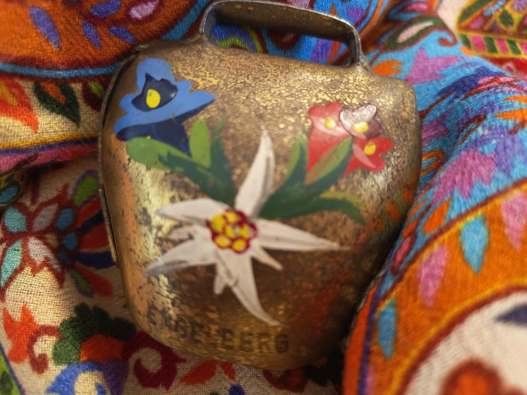 1960s Swiss Brass Coloured Cowbell, Souvenir of the Village of Wengen ...