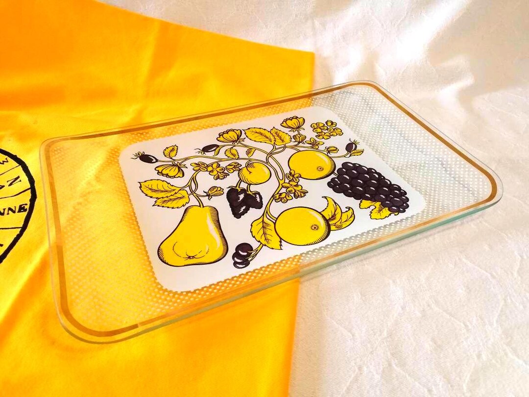 Vintage rectangular glass tray with fruit motif and gold border circa ...