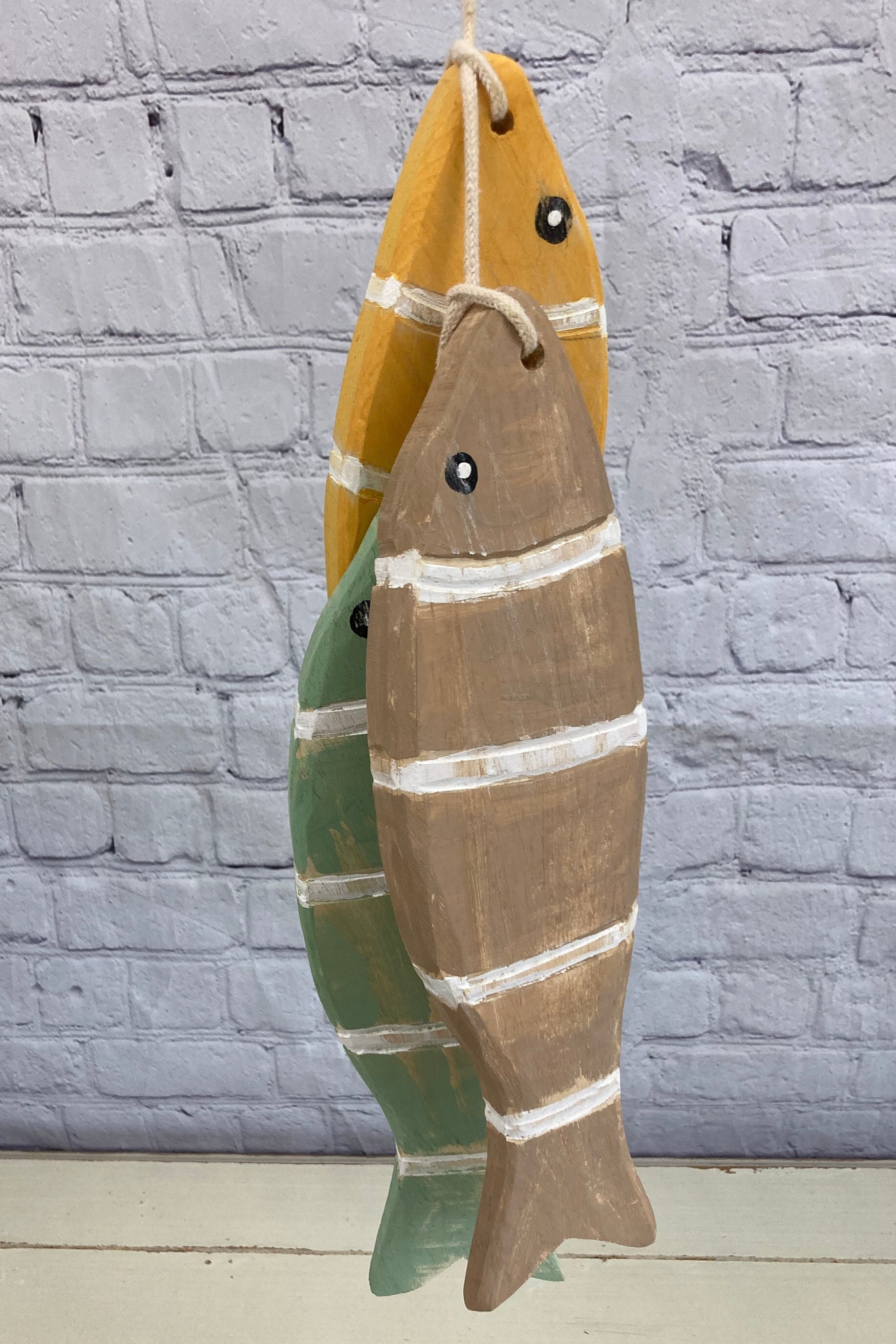 3 Nautical Striped Wooden Fish Hand Carved and Painted on a Rope ...