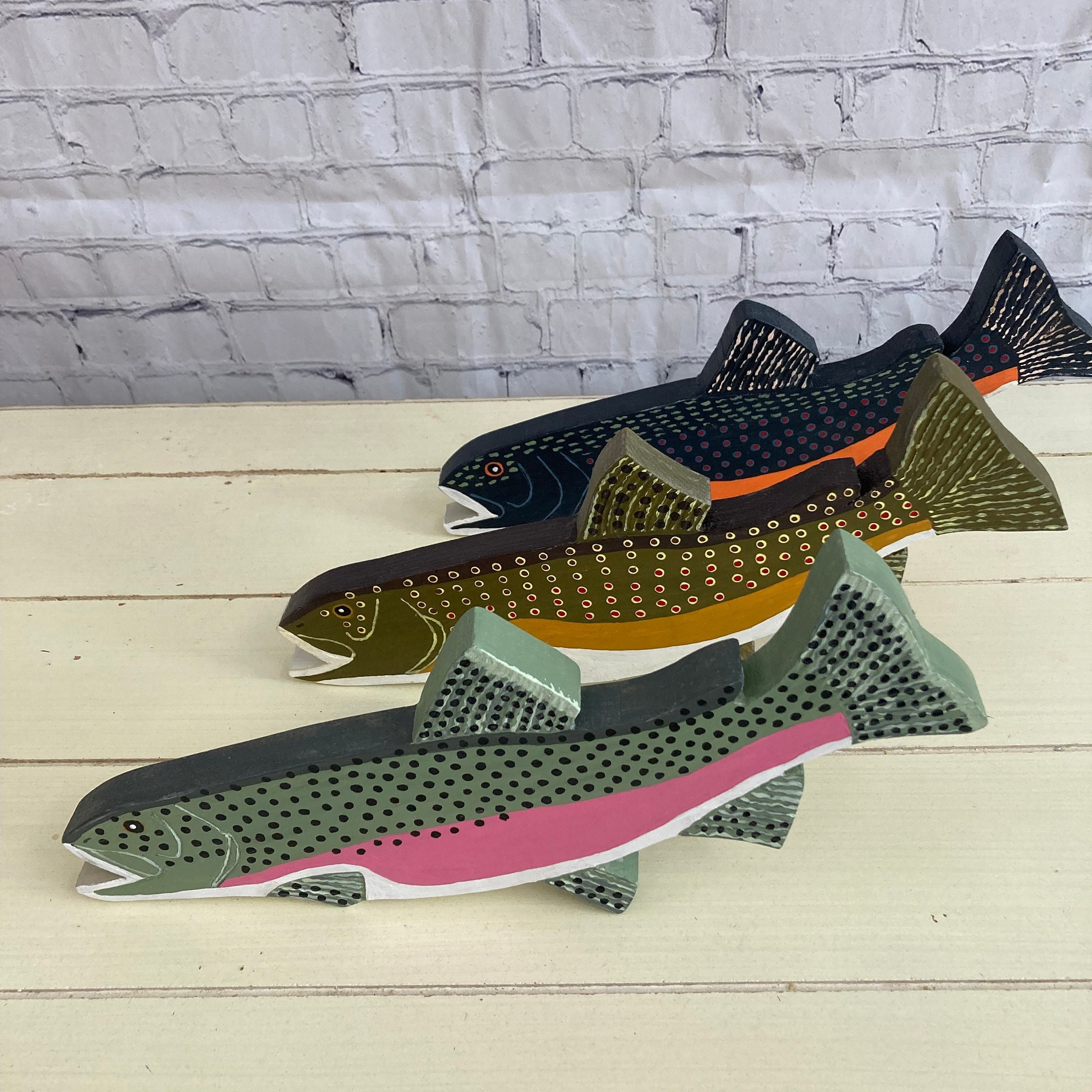 Set of 3 Trout Hand Carved and Painted Wooden Folk Art Fish, Fresh ...