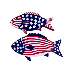 Set of Two Whimsical Wooden Fish; Hand Painted and Carved; Patriotic ...