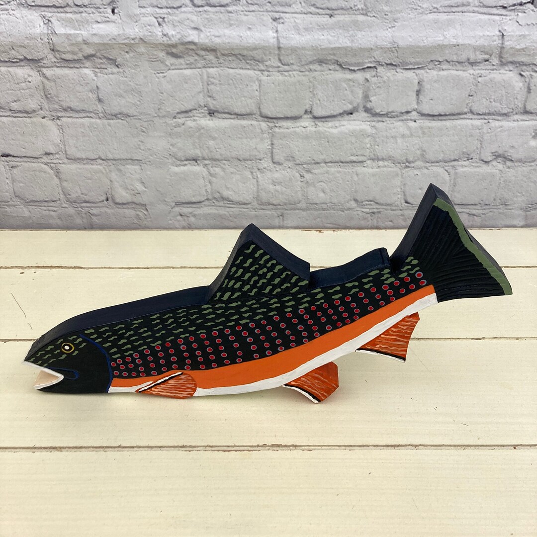Curved Rustic Brook Trout, Hand Carved and Painted, Wooden Folk Art ...