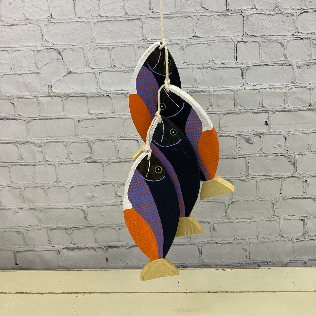 4 Sunfish on a Rope Stringer, Wooden Fish, Hand Carved and Painted ...