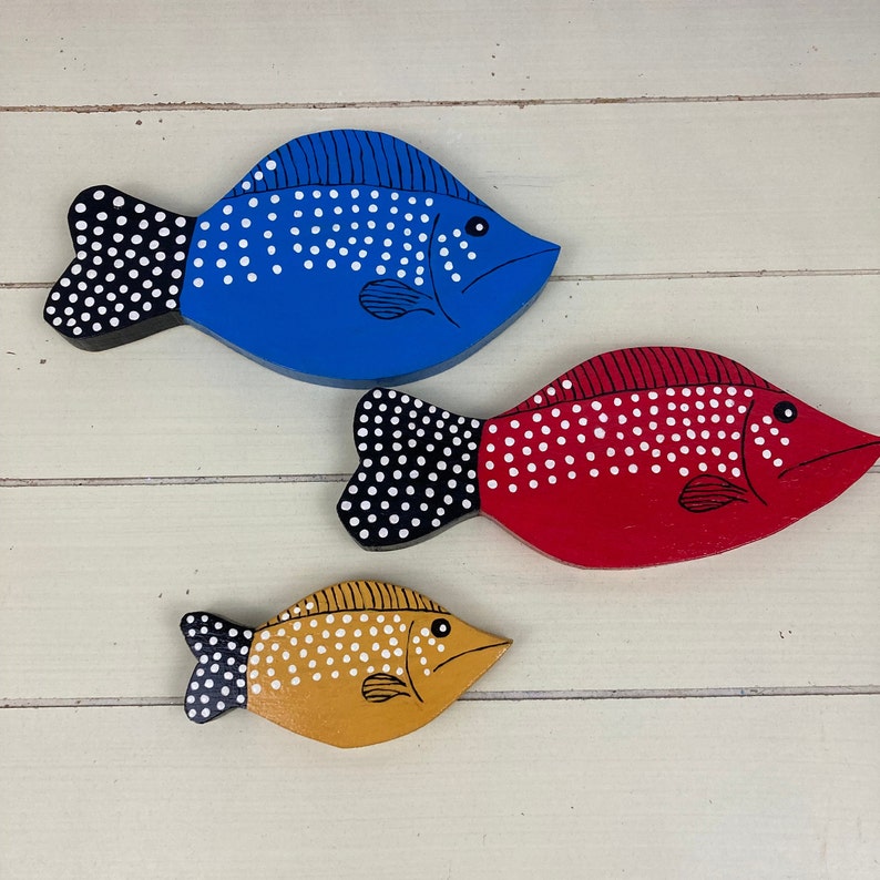 Blue Red and Mustard Yellow Wooden Fish – Bright Wall Art Trio, Hand ...