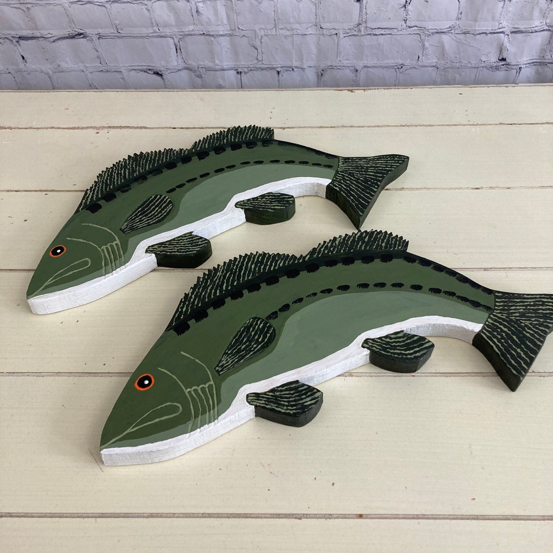 Set of 2 Curved Smallmouth Bass Hand Carved Painted Wooden Fish, Folk ...