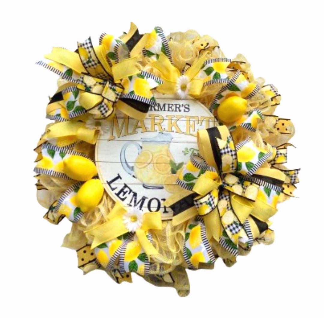 Farmer’s Market Lemon Wreath – 25” Yellow Deco Mesh Wreath With Lemons ...