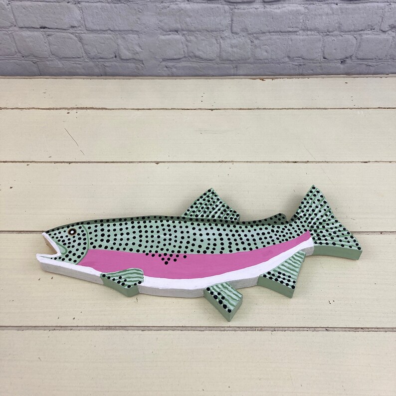 Curved Rustic Rainbow Trout, Hand Carved and Painted, Wooden Folk Art ...