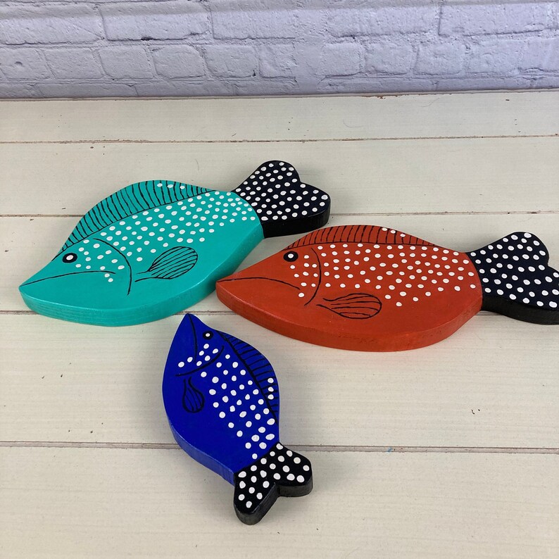 Teal Burnt Orange and Cobalt Blue Fish Set – Hand Painted Wooden Wall ...