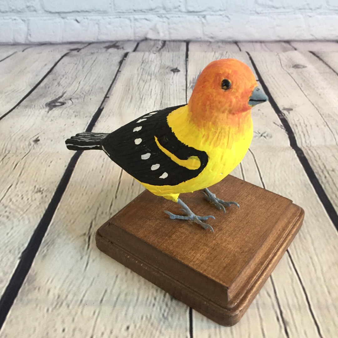 Hand Carved and Painted Western Tanager, Orange Yellow and Black Wooden ...