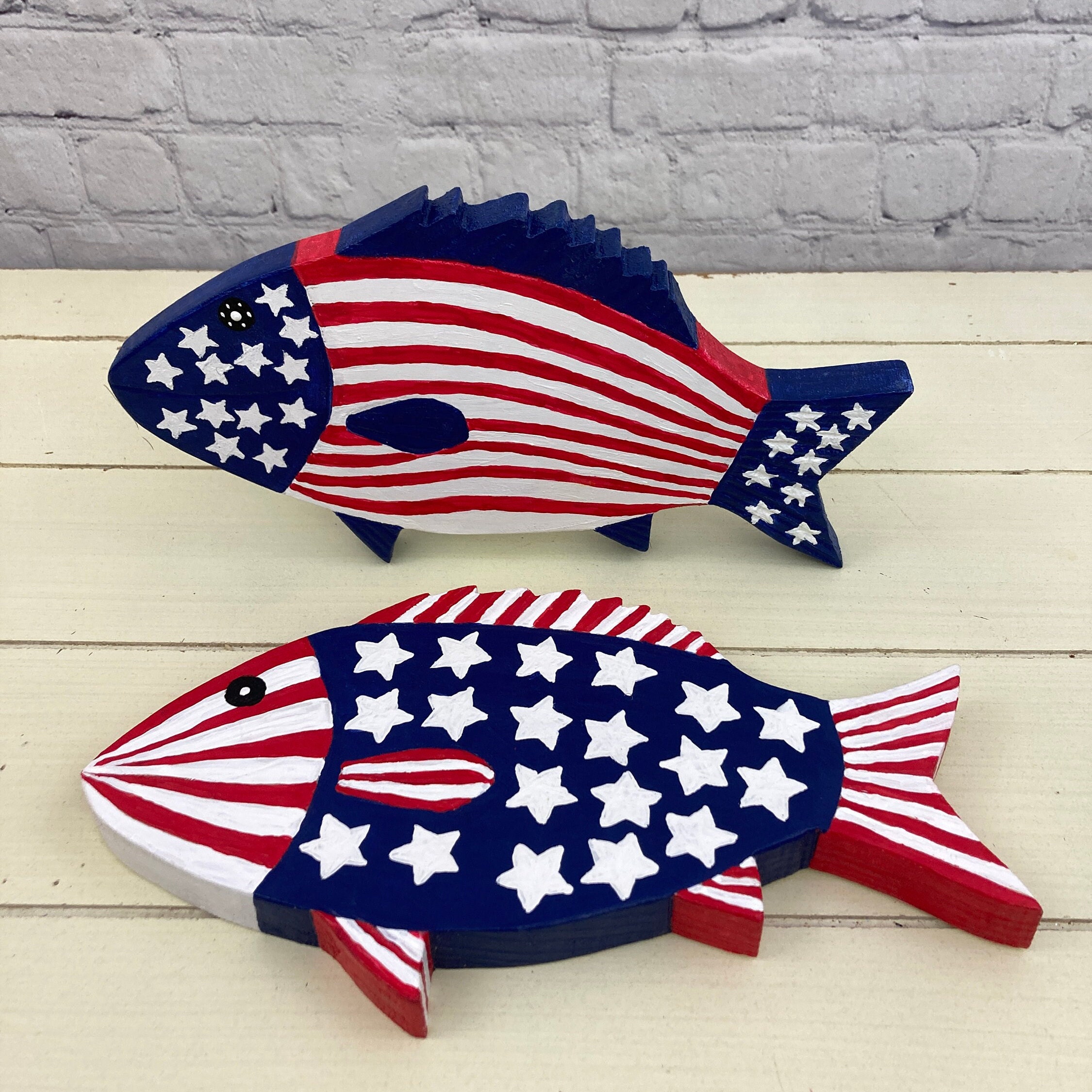 Set of Two Whimsical Wooden Fish; Hand Painted and Carved; Patriotic ...