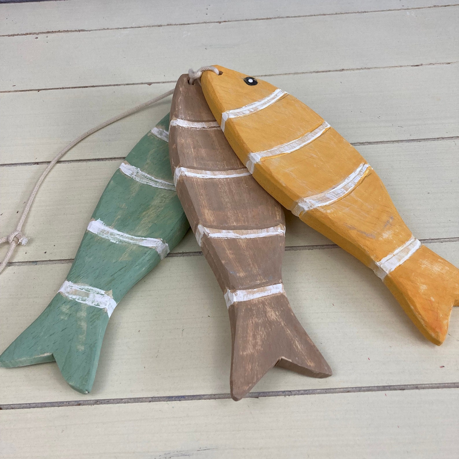 3 Nautical Striped Wooden Fish Hand Carved and Painted on a Rope ...