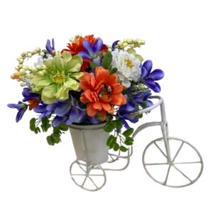 Colorful Spring Floral Arrangement, Faux Flowers in White Tricycle Cart ...