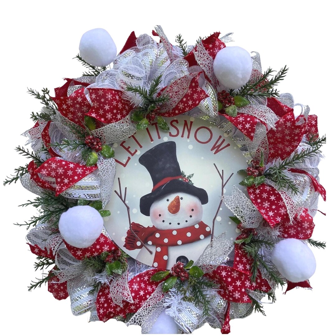 Snowman Wreath for Front Door; Red, White and Silver Christmas Wreath ...