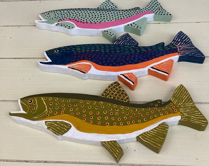 Set of 3 Trout Hand Carved and Painted Wooden Folk Art Fish - Etsy