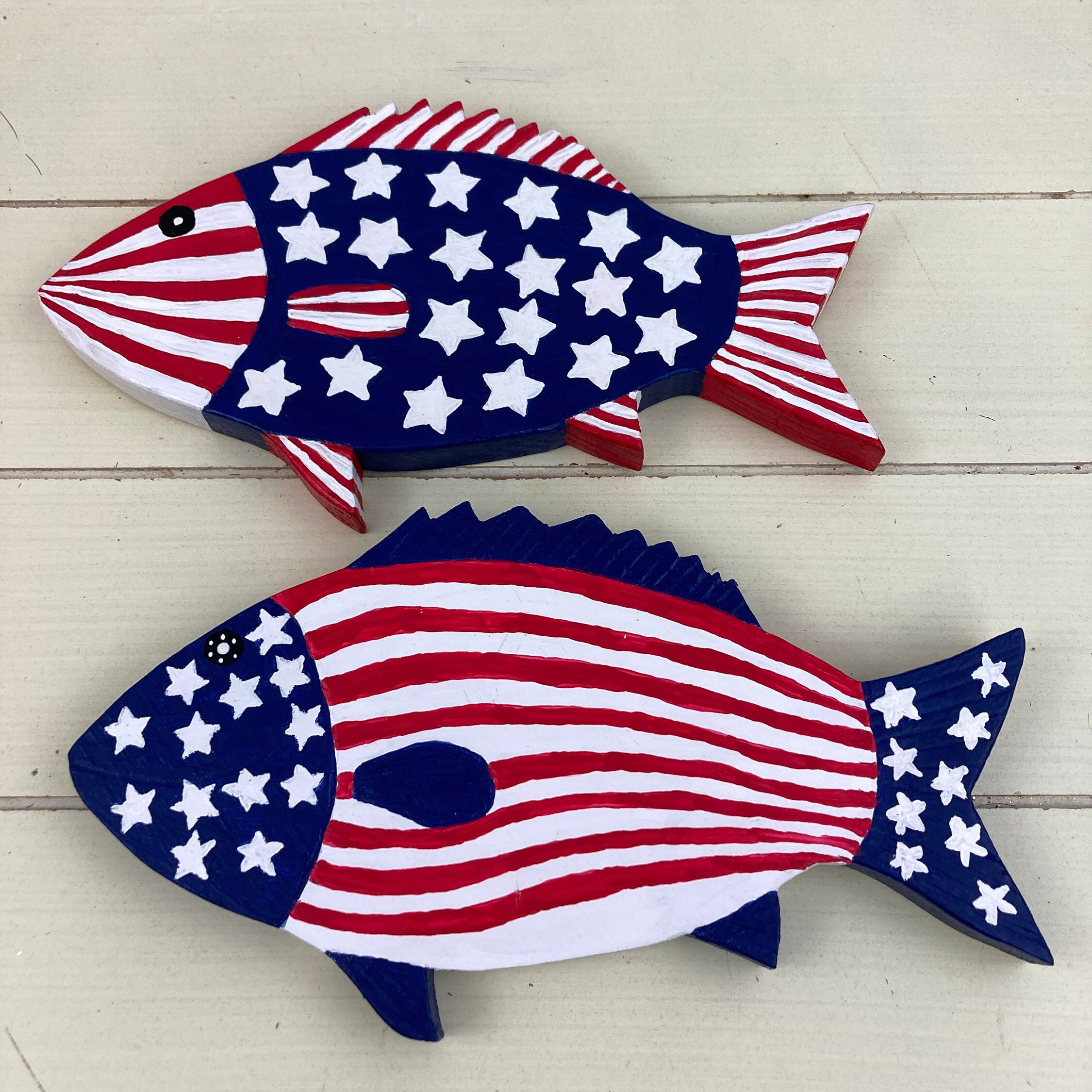 Set of Two Whimsical Wooden Fish Hand Painted and Carved Patriotic Red ...