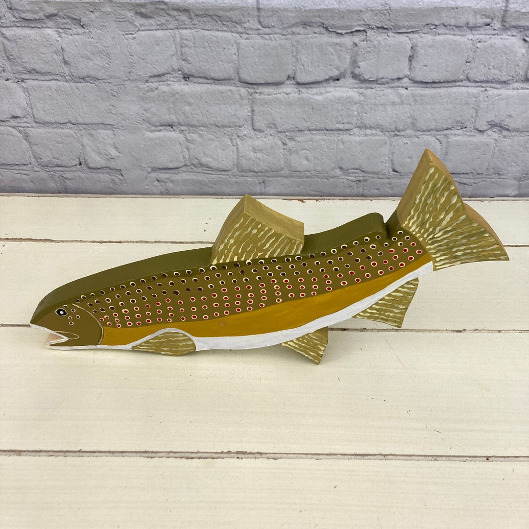 Curved Rustic Brown Trout, Hand Carved and Painted, Wooden Folk Art ...