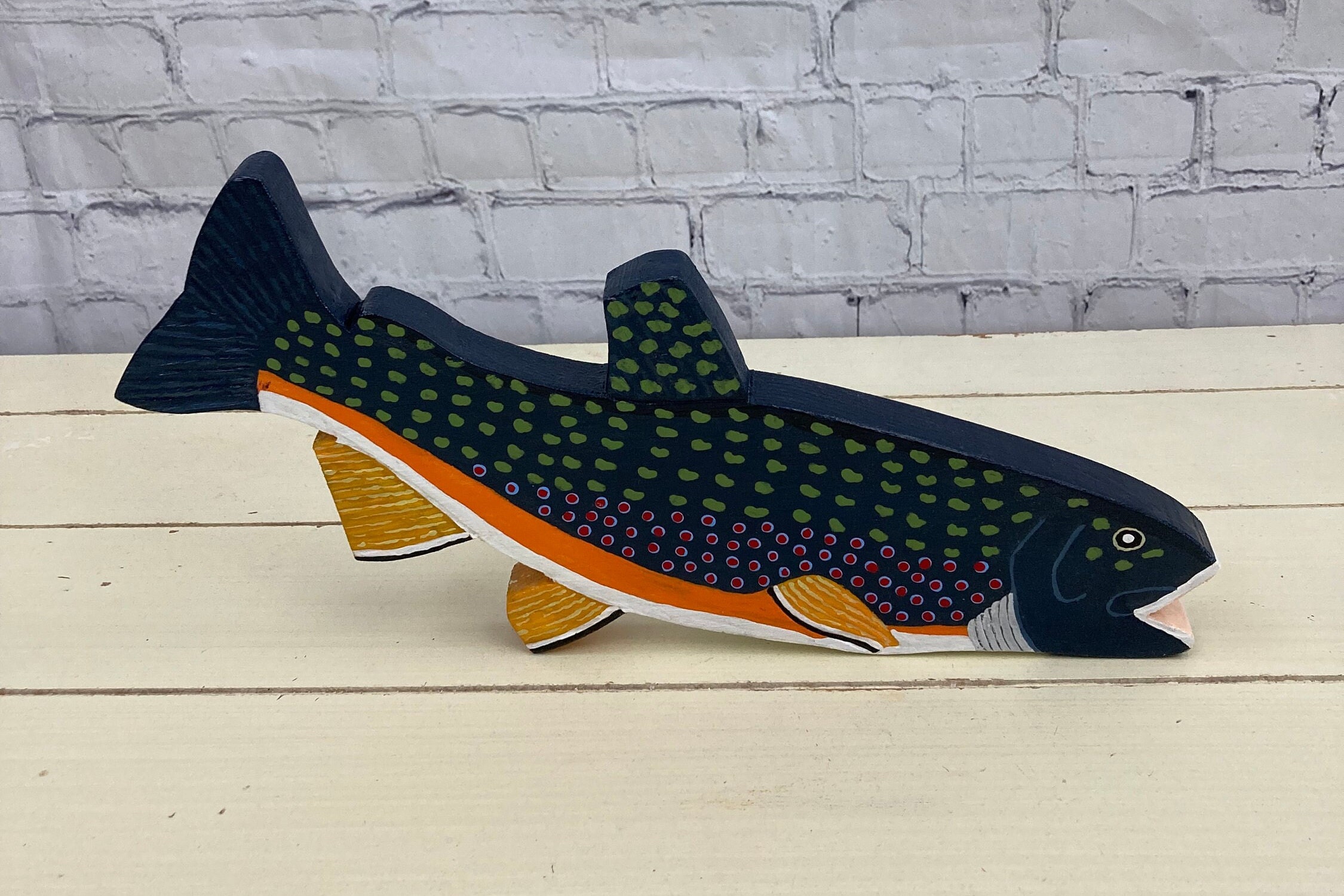 Curved Rustic Brook Trout, Hand Carved and Painted, Wooden Folk Art ...