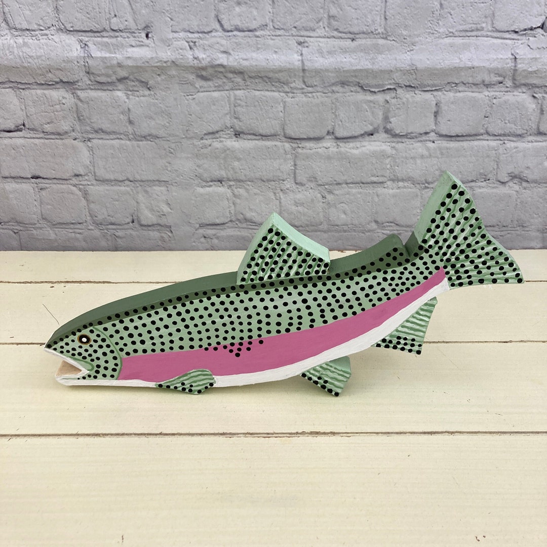 Curved Rustic Rainbow Trout, Hand Carved and Painted, Wooden Folk Art ...